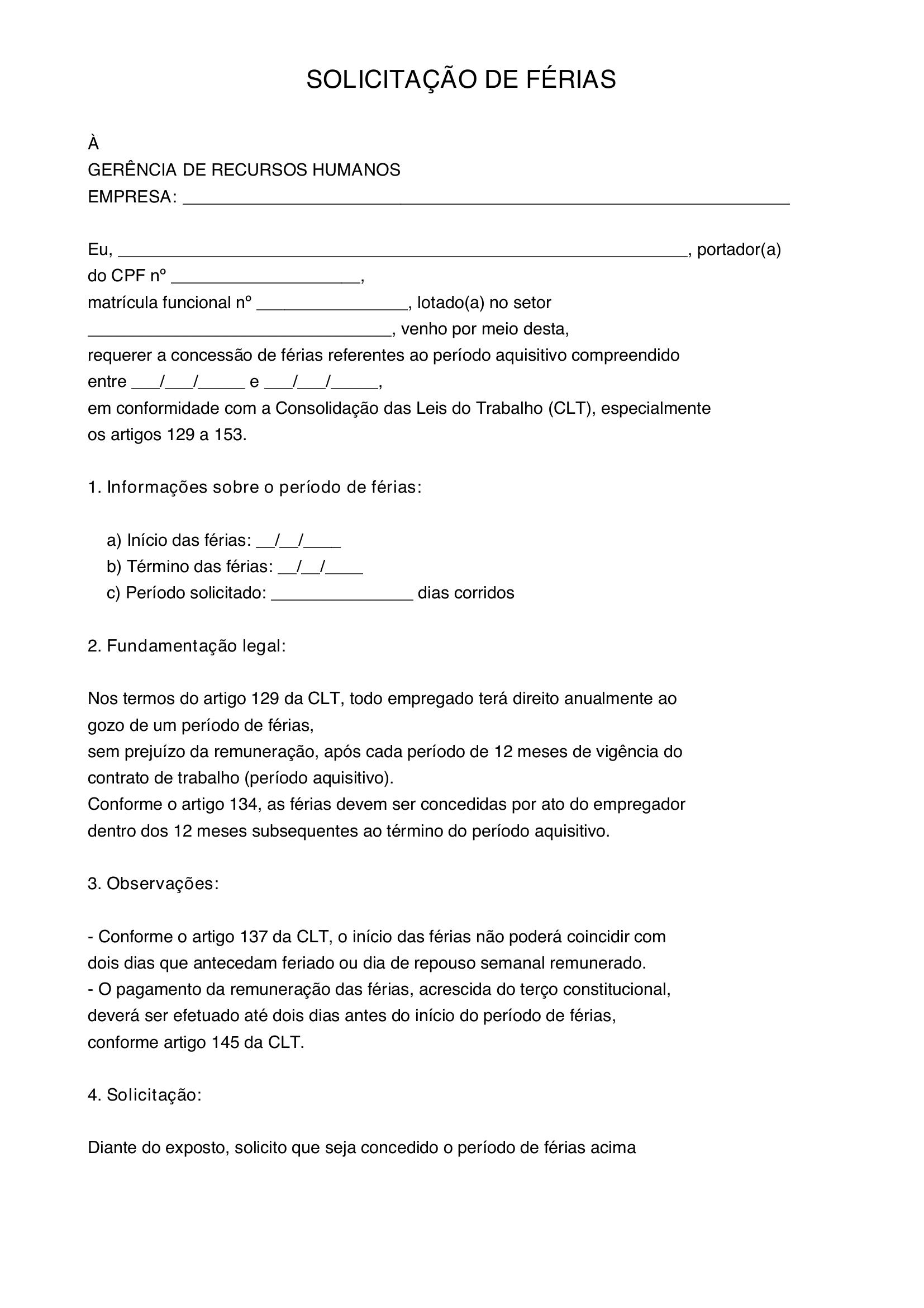 Modelo De Solicitação De Ferias